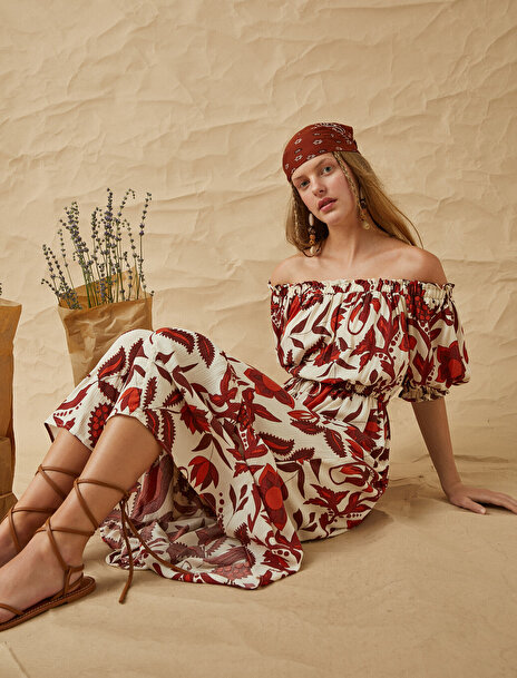 Koton Kadın Desenli Uzun Elbise Omzu Açık