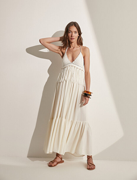 Koton Kadın Püskül Detaylı Uzun Elbise Boyundan Bağlamalı