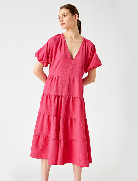 Koton Kadın Midi Boy Elbise Katlı V Yaka Balon Kollu