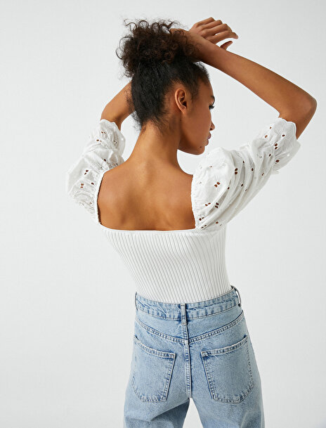 Koton Kadın U Yaka Fitilli Balon Kollu Bluz