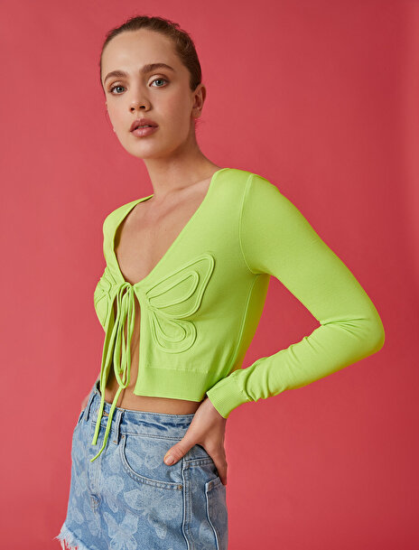 Koton Kadın Crop Hırka Kelebek İşlemeli Bağlama Detaylı