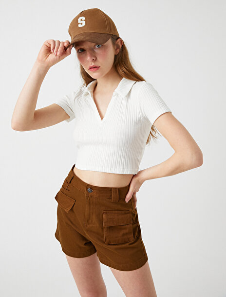 Koton Kadın Crop Polo Yaka Tişört Ribana Koton Kadın Crop Polo Yaka Tişört Ribana