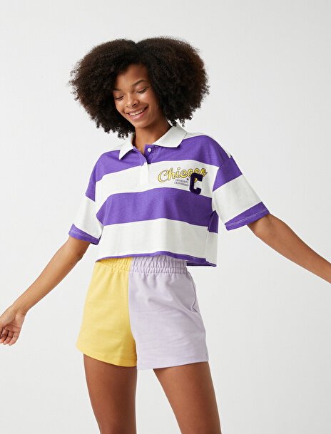 Koton Kadın Crop Tişört Polo Yaka İşlemeli