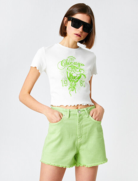 Koton Kadın Crop Tişört Baskılı Kısa Kollu Bisiklet Yaka Pamuklu