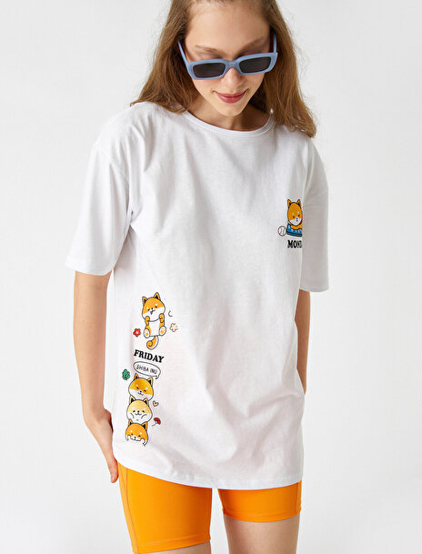 Koton Kadın Tişört Kedi Baskılı Kısa Kollu Bisiklet Yaka