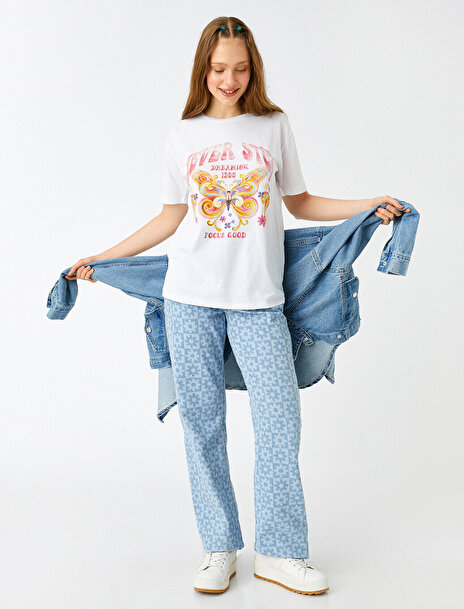 Koton Kadın Slogan Baskılı Tişört Bisiklet Yaka Kısa Kollu