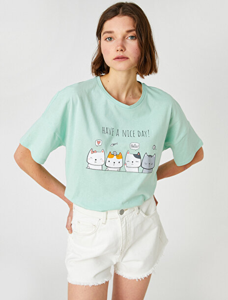 Koton Kadın Baskılı Oversize Kısa Kollu Tişört