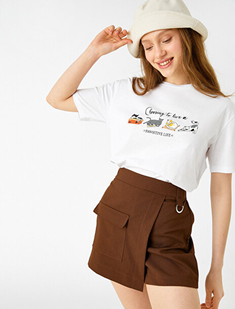 Koton Kadın Kedi Baskılı Tişört Bisiklet Yaka Kısa Kollu