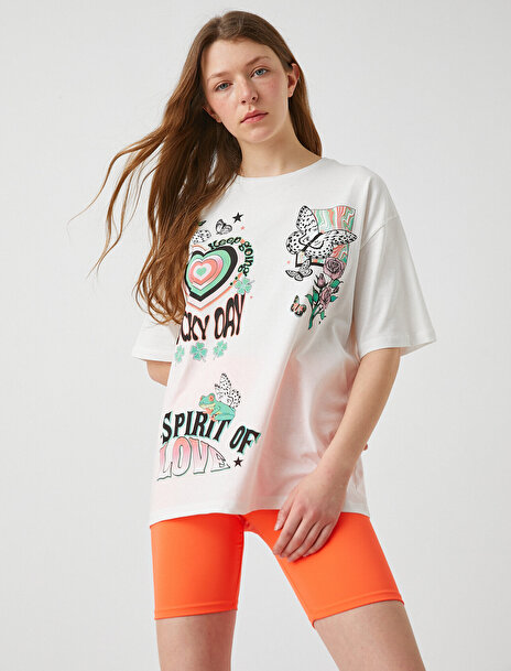 Koton Kadın Baskılı Oversize Tişört Pamuklu