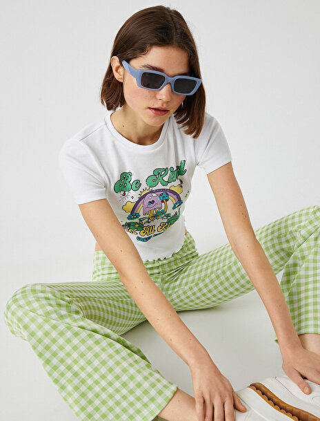 Koton Kadın Baskılı Crop Tişört Kısa Kollu Pamuklu