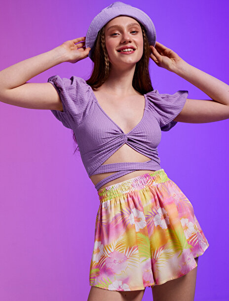 Koton Kadın Crop Tişört Çapraz Detaylı V Yaka