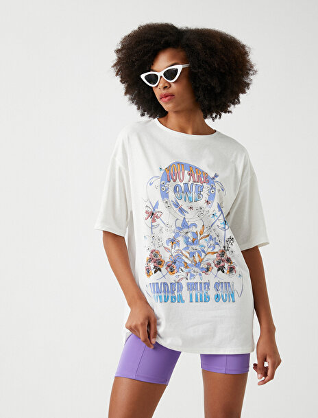 Koton Kadın Oversize Tişört Çiçek Baskılı Pamuklu