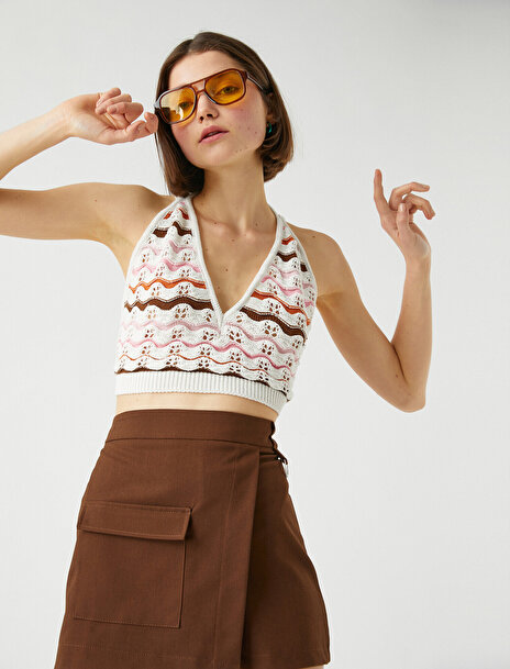 Koton Kadın Crop Atlet V Yaka Örgü Detaylı