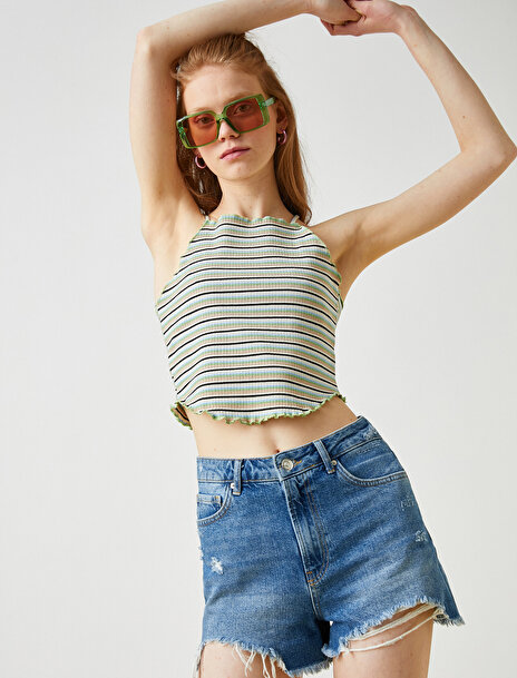 Koton Kadın Halter Yaka Çizgili Asimetrik Kenarlı Crop Atlet Koton Kadın Halter Yaka Çizgili Asimetrik Kenarlı Crop Atlet