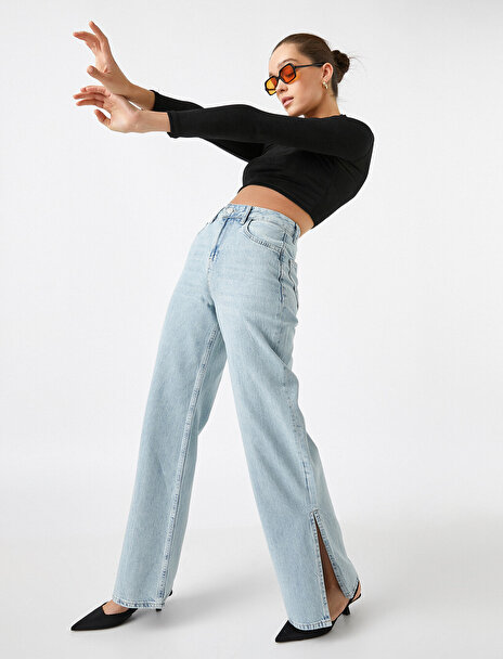 Koton Kadın Yüksek Bel Paçası Yırtmaçlı Kot Pantolon - Wide Leg Jean