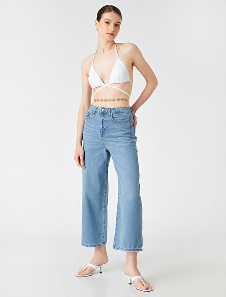 Koton Kadın Yüksek Bel Crop İspanyol Paça Kot Pantolon - Culotte Jean