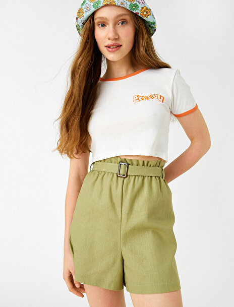 Koton Kadın Kemerli Şort Yüksek Bel Keten Karışımlı