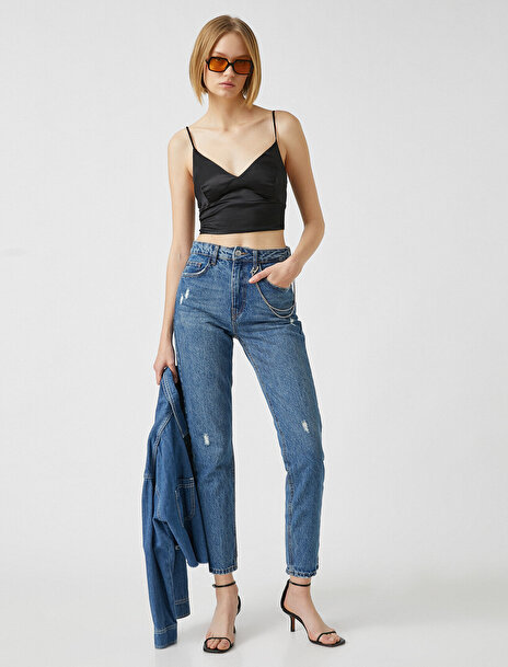 Koton Ole Genç Kız Yüksek Bel Yırtıklı Kot Pantolon - Mom Jean