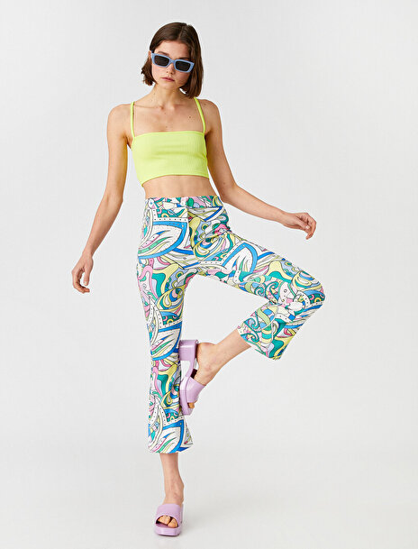 Koton Kadın Desenli Kısa İspanyol Paça Pantolon Yüksek Bel