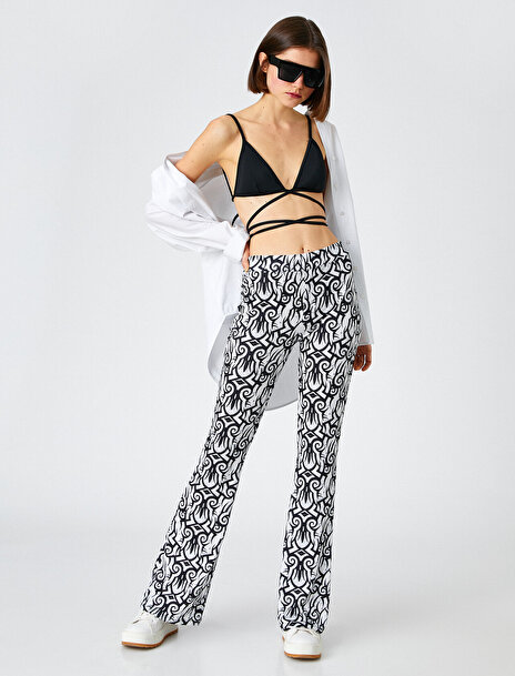 Koton Kadın Desenli İspanyol Paça Pantolon Yüksek Bel