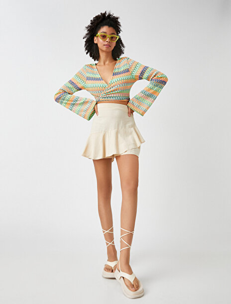 Koton Kadın Volanlı Mini Şort Etek Keten Karışımlı Koton Kadın Volanlı Mini Şort Etek Keten Karışımlı