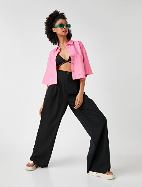 Koton Kadın Bol Paça Pantolon Pileli Keten Karışımlı Koton Kadın Bol Paça Pantolon Pileli Keten Karışımlı