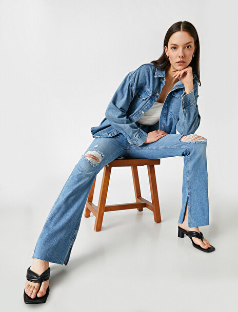 Koton Kadın Dizi Yırtık Bol Paça Kot Pantolon - Slim Flare