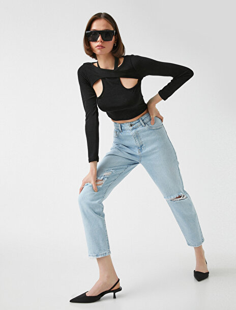 Koton Kadın Dizleri Yırtık Kot Pantolon - Mom Jean