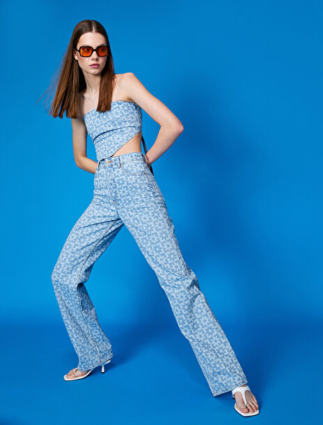 Koton Kadın Desenli Düz Uzun Kesim Yüksek Bel Düz Paça Kot Pantolon - Nora 90's Fit Jean