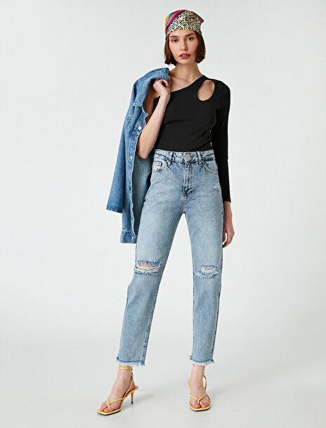 Koton Kadın Destroylu Mom Fit Kot Pantolon - Mom Jean