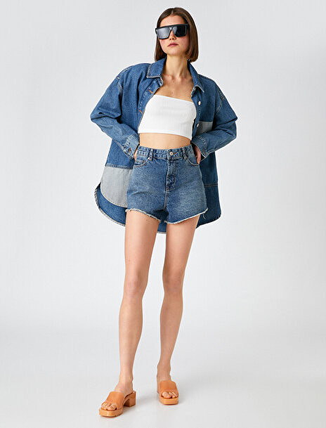 Koton Kadın Kot Şort Pamuklu Cepli Düğmeli Basic