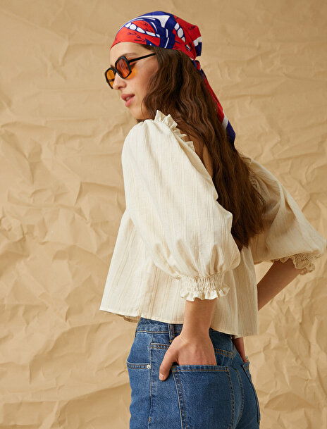 Koton Kadın 3/4 Boy Balon Kollu Kare Yaka Bluz