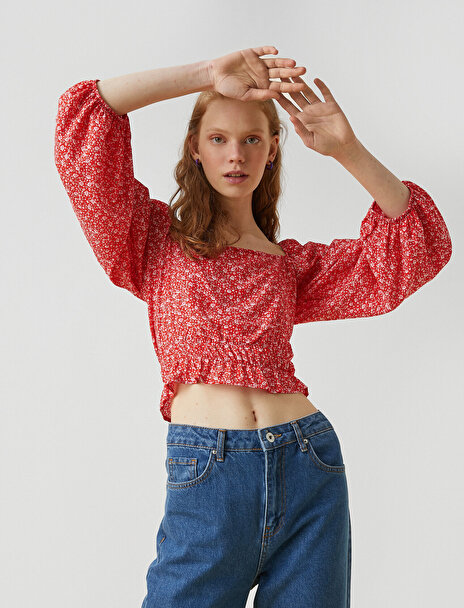 Koton Kadın Balon Kol Crop Bluz U Yaka