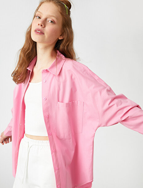 Koton Kadın Pamuklu Cepli Gömlek Uzun Kollu