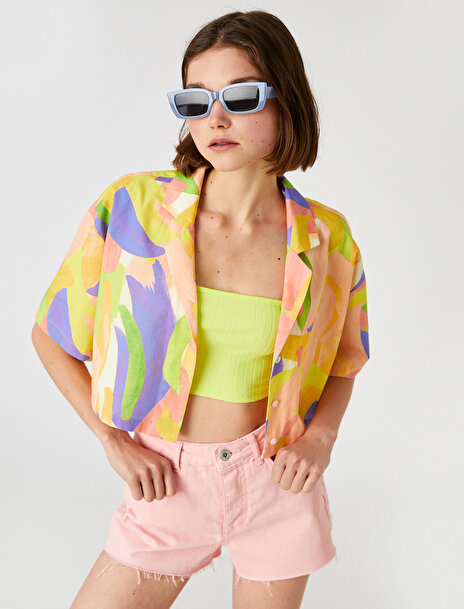 Koton Kadın Oversize Crop Gömlek Desenli Kısa Kollu Koton Kadın Oversize Crop Gömlek Desenli Kısa Kollu