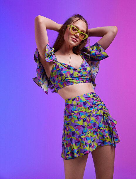 Koton Kadın Çiçek Baskılı Fırfırlı Crop Bluz