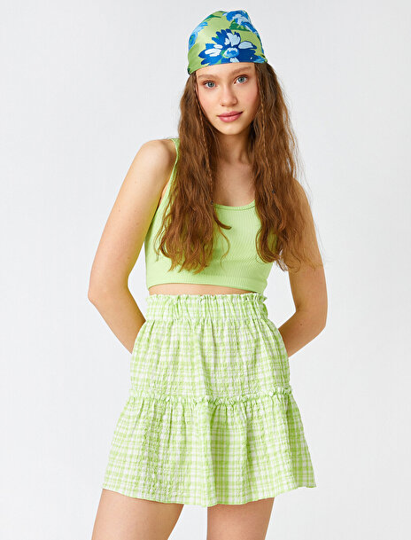 Koton Kadın Kareli Mini Etek Fırfırlı Beli Elastik