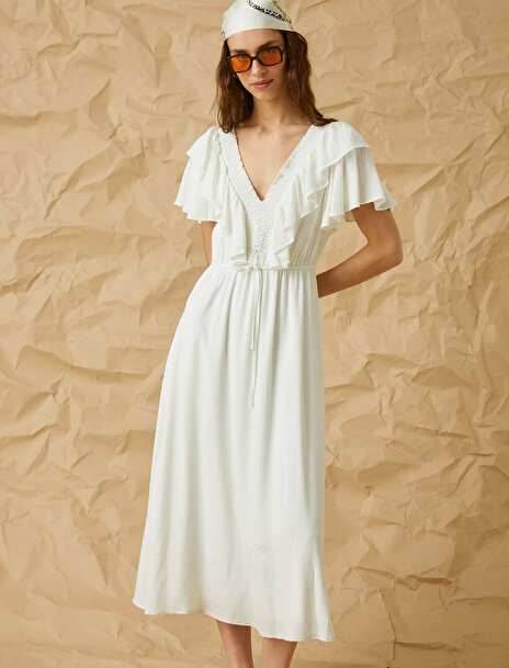 Koton Kadın Fırfırlı V Yaka Dökümlü Kısa Kollu Maxi Elbise Koton Kadın Fırfırlı V Yaka Dökümlü Kısa Kollu Maxi Elbise