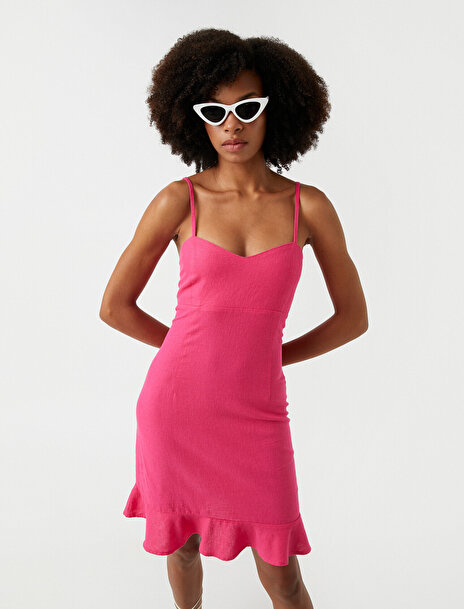 Koton Kadın Mini Elbise İnce Askılı Kalp Yaka Keten Karışımlı