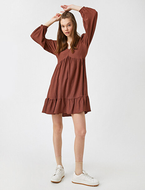 Koton Ole Genç Kız Uzun Kollu V Yaka Fırfırlı Elbise