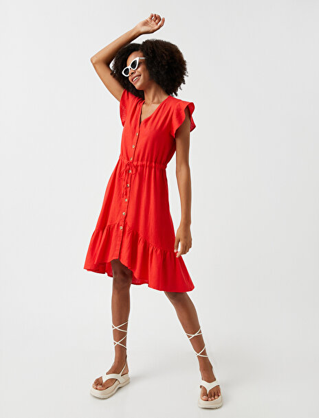 Koton Kadın Midi Boy Elbise Düğmeli Bağlama Detaylı Keten Karışımlı Koton Kadın Midi Boy Elbise Düğmeli Bağlama Detaylı Keten Karışımlı