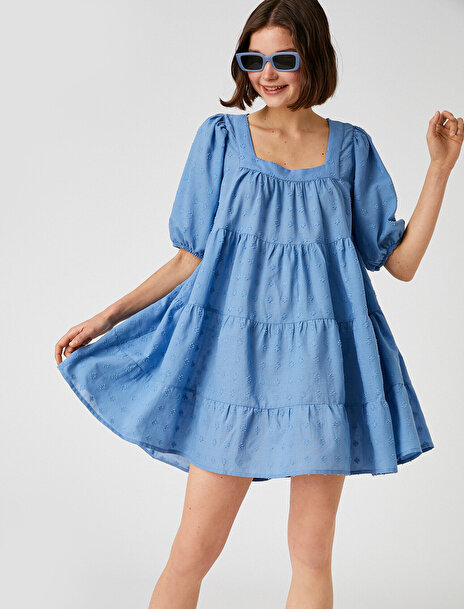 Koton Kadın Mini Katlı Elbise Kare Yaka Balon Kollu Koton Kadın Mini Katlı Elbise Kare Yaka Balon Kollu