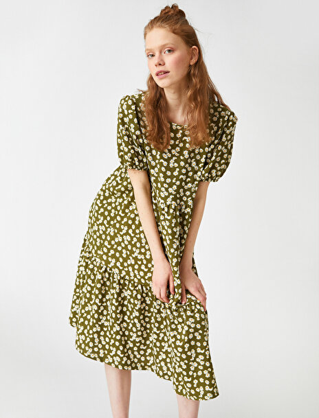 Koton Kadın Kısa Kollu Midi Boy Bisiklet Yaka Puantiyeli Fırfır Detaylı Elbise