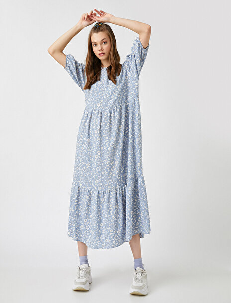 Koton Ole Genç Kız Bisiklet Yaka Çiçekli Fırfırlı Elbise