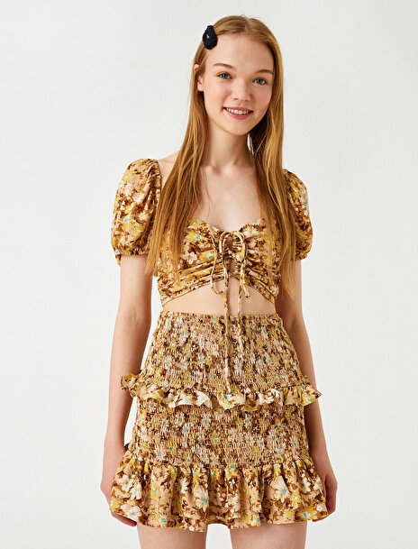 Koton Kadın Çiçek Desenli Pencere Detaylı Fırfırlı Mini Elbise