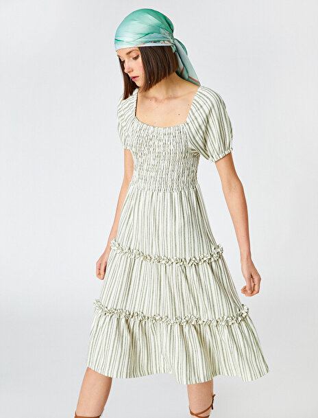 Koton Kadın Midi Elbise Çizgili Fırfırlı U Yaka Kısa Kollu Pamuklu