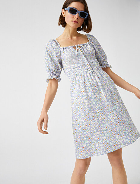 Koton Kadın Çiçekli Elbise Mini Beli Elastik Kısa Kollu