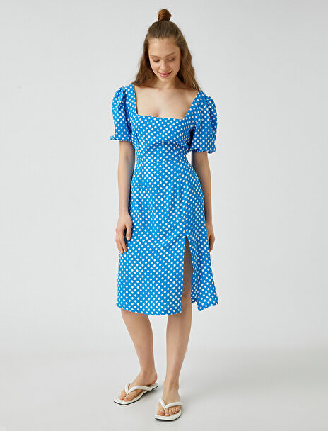 Koton Kadın Puantiyeli Elbise Yırtmaçlı Midi Sırtı Penere Detaylı Koton Kadın Puantiyeli Elbise Yırtmaçlı Midi Sırtı Penere Detaylı