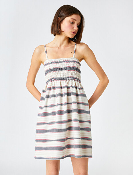 Koton Kadın Çizgili Elbise Mini İnce Askılı Degaje