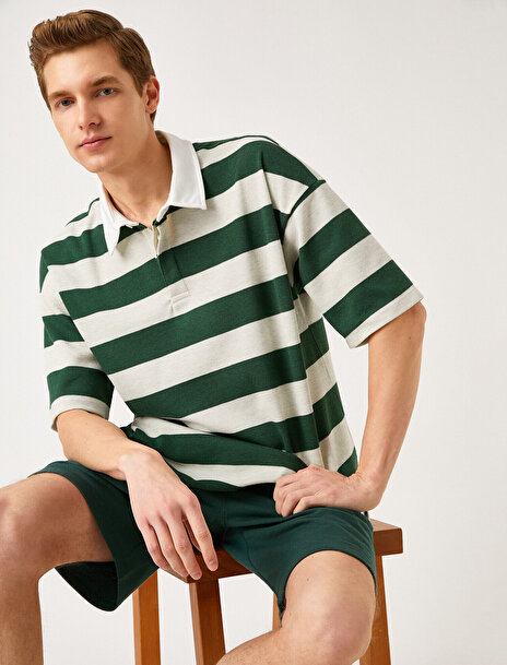 Koton Erkek Oversize Çizgili Polo Yaka Tişört